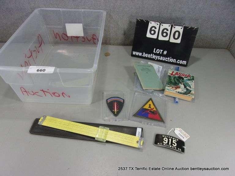 POLY STORAGE TOTE: SLIDE RULER, MILITARY BADGES, LASSIE BOOK - Bentley ...