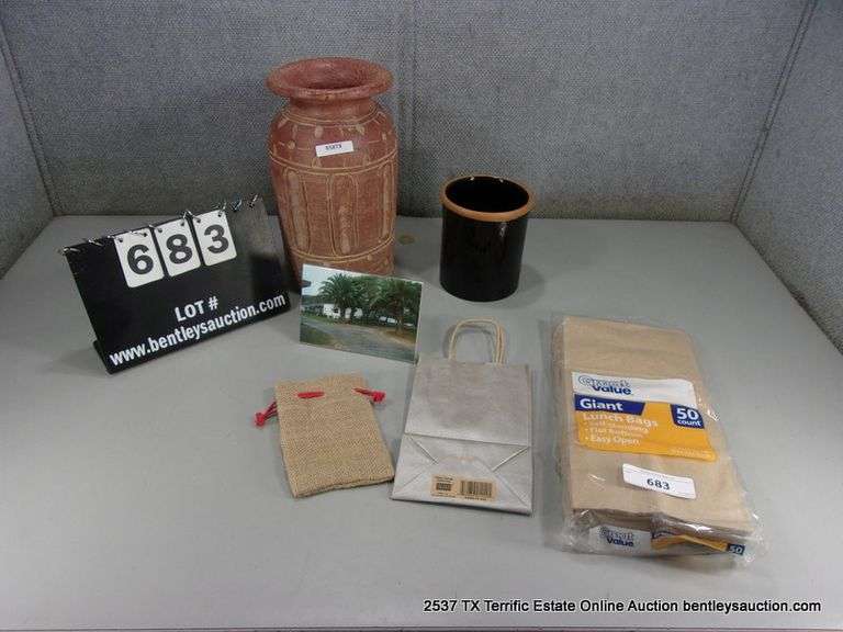 TERRA-COTA VASE, BLACK VERAMIC VASE, PAPER SACKS, POLY PICTURE FRAME ...