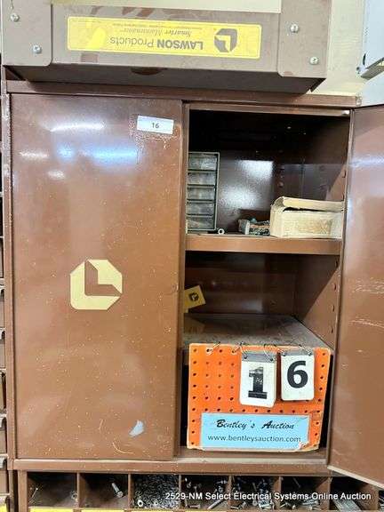 LAWSON PRODUCTS INC. METAL 2-DOOR CABINET W/ ASSORTED HARDWARE ...