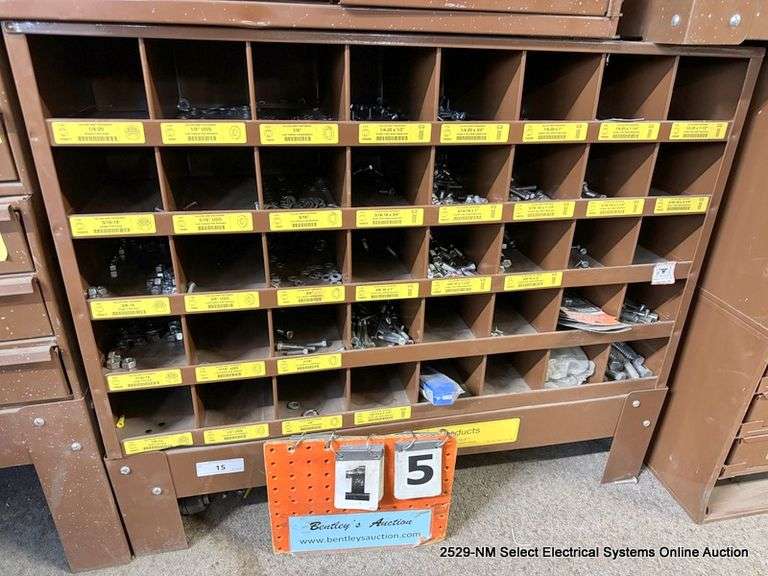 LAWSON PRODUCTS INC. METAL 40-BIN BOLT BIN W/ ASSORTED HARDWARE ...