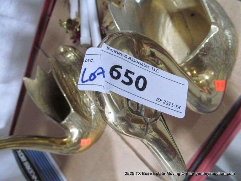 LOT: 2 BRASS SWAN FLOWER PLANTERS & SMALL GOLDEN FLORAL CANDLESTICKS ...