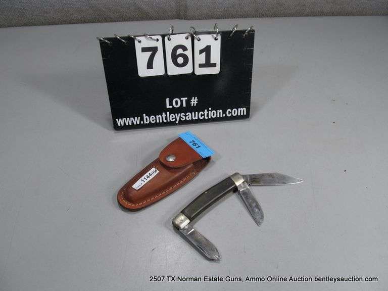 3-BLADE FOLDING STOCK KNIFE W/ LEATHER SHEATH - Bentley & Associates, LLC