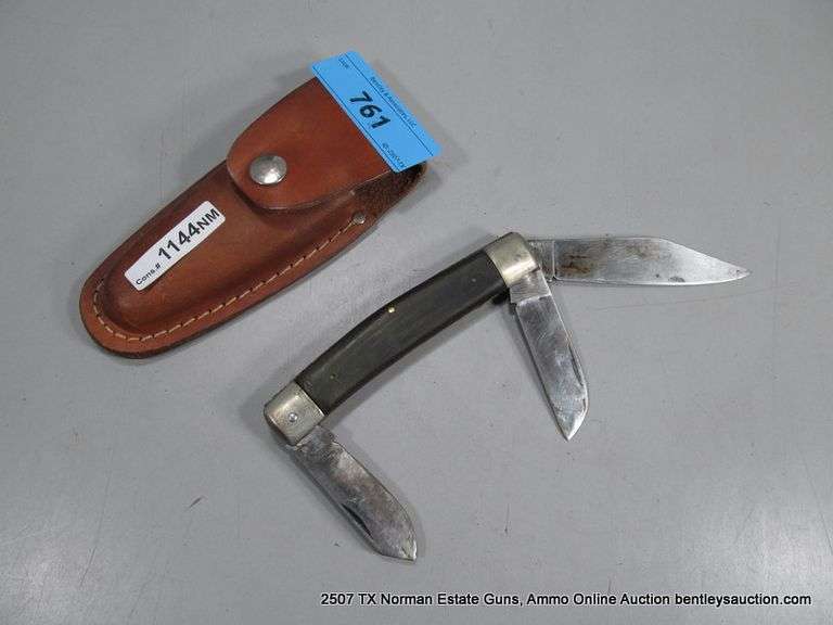 3-BLADE FOLDING STOCK KNIFE W/ LEATHER SHEATH - Bentley & Associates, LLC