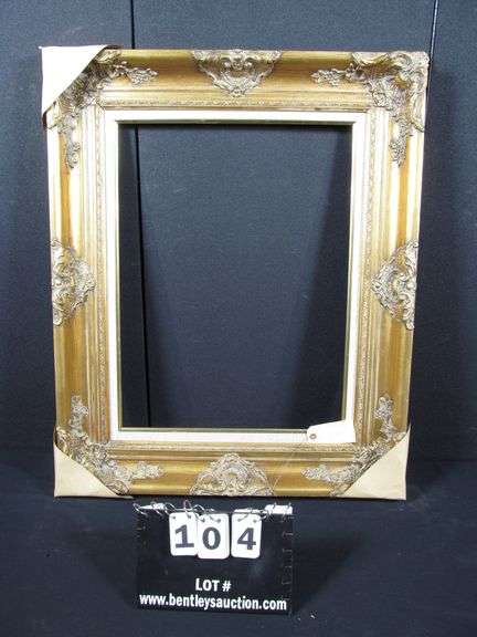 GOLD PAINTED ORNATE WOODEN FRAME W/ SCROLL ACCENTS & BEIGE LINEN INLAY ...