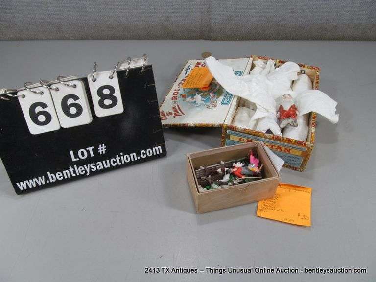 LOT: CIGAR BOX OF SNOW WHITE PORCELAIN DWARVES & BOX OF SMALL TOY FARM ...