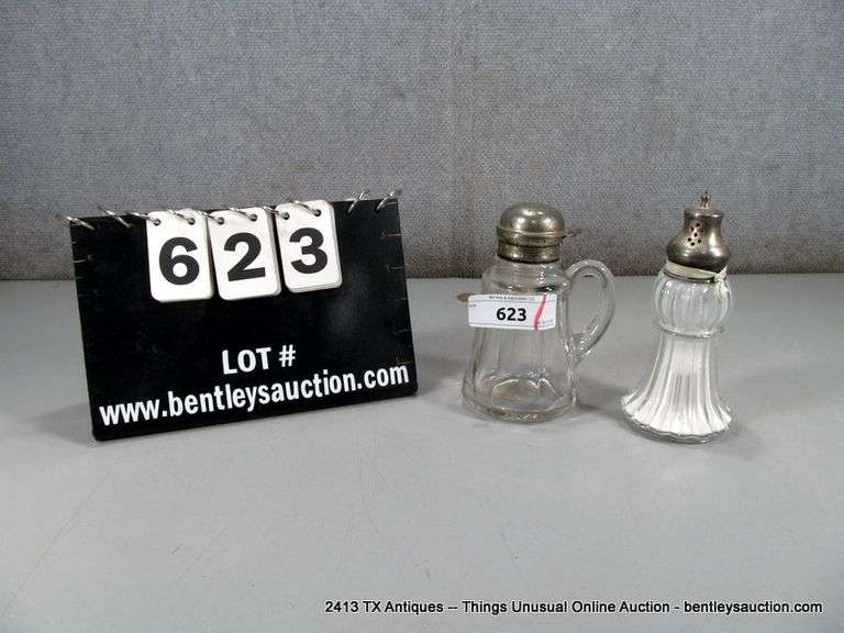 LOT: CLEAR PRESSED GLASS SYRUP JAR & POWDER SHAKER - Bentley ...