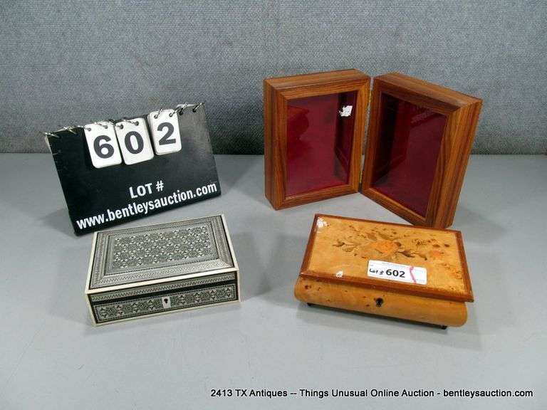 LOT: 2 CUSTOM WOOD JEWELRY BOXES & 1 SMALL FOLDING SHADOW BOX - Bentley ...