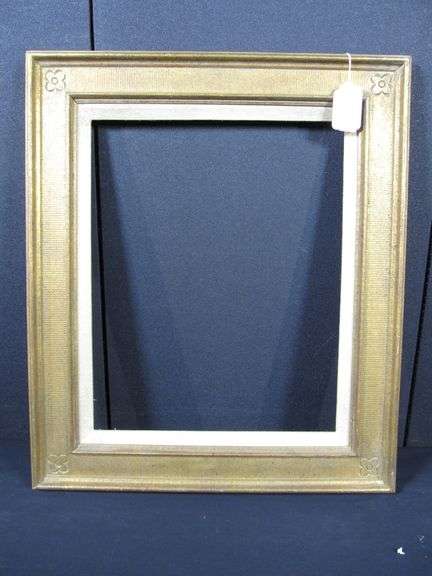 GOLD WOOD FRAME W/ RUSTIC DESIGN, CARVED FLOWERS & TAN LINEN INLAY 23 X ...