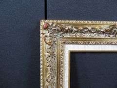 SMALL GOLD PAINTED ORNATE WOOD FRAME W/ FLORAL CARVINGS, WHITE WASH ...