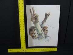 PORTRAIT OF TWO MEN WITH ARMS RAISED RAISING PEACE SIGN & FIST ...