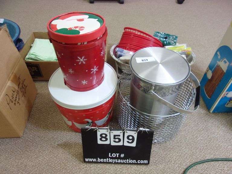 LOT (4): (3) CHRISTMAS BUCKETS, SMALL STRAND OF CHRISTMAS LIGHTS, FAT ...