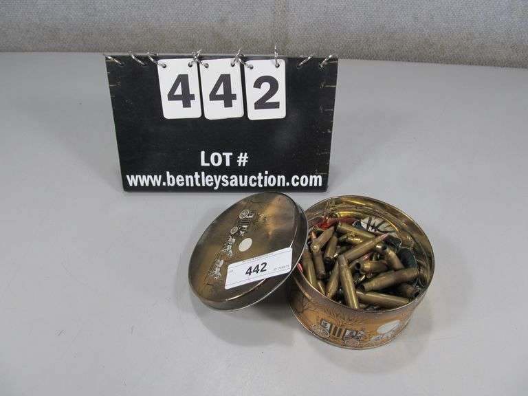 ROUND TIN: ASSORTED RIFLE CASINGS, RIFLE BULLETS, PISTOL BULLETS ...