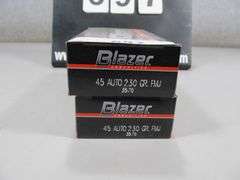 BOXES: BLAZER AMMUNITION, 45 AUTO, 230 GRAIN, FMJ, 3570 BULLETS, 50 CENTERFIRE CARTRIDGES (2X ...