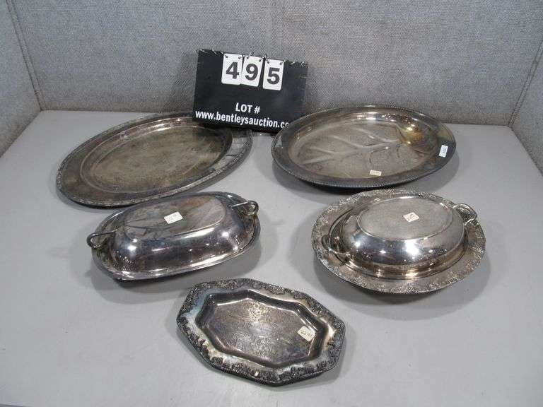LOT: (7) ASSORTED SILVER SERVING PLATTERS - MIZED SIZES FLORAL & ROPE PATTERNS - Bentley ...