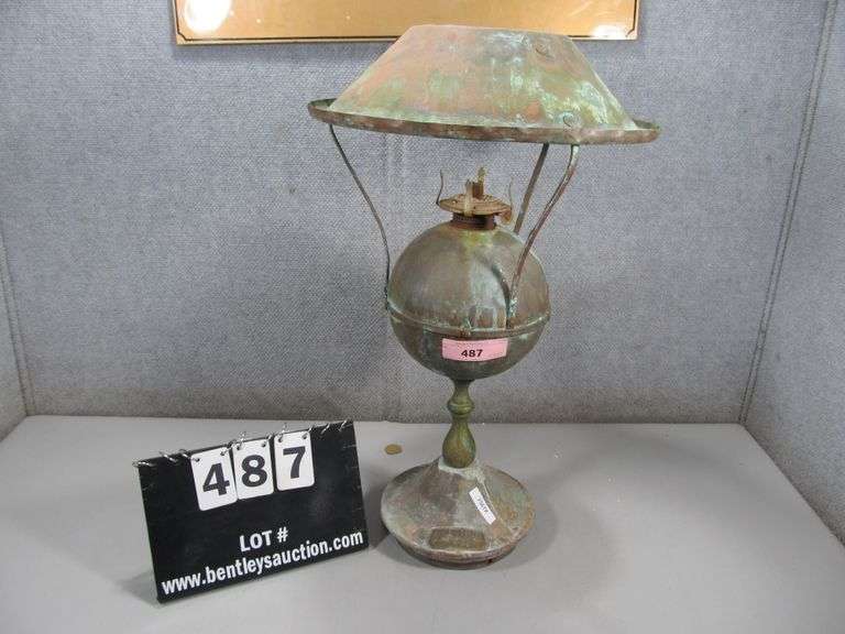 OLD COPPER OIL LAMP W/ BALL MID-SECTION & ATTACHED SHADE - NO FLUTE ...