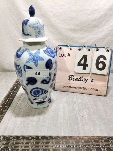 BLUE ON WHITE SHELLS, STARFISH & FISH TEMPLE JAR W/ LID - Bentley ...