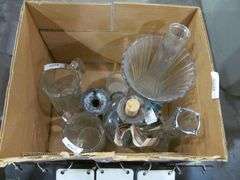 BOX: ASSORTED GLASS VASES & (2) HANDLED GLASS CUPS - Bentley ...