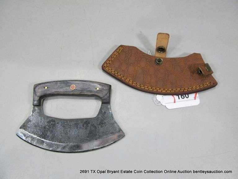 BLACK/GREY LAYERED WOODEN ROUGH FINISH ULU BLADE, LEATHER SHEATH, 6-3/4 ...