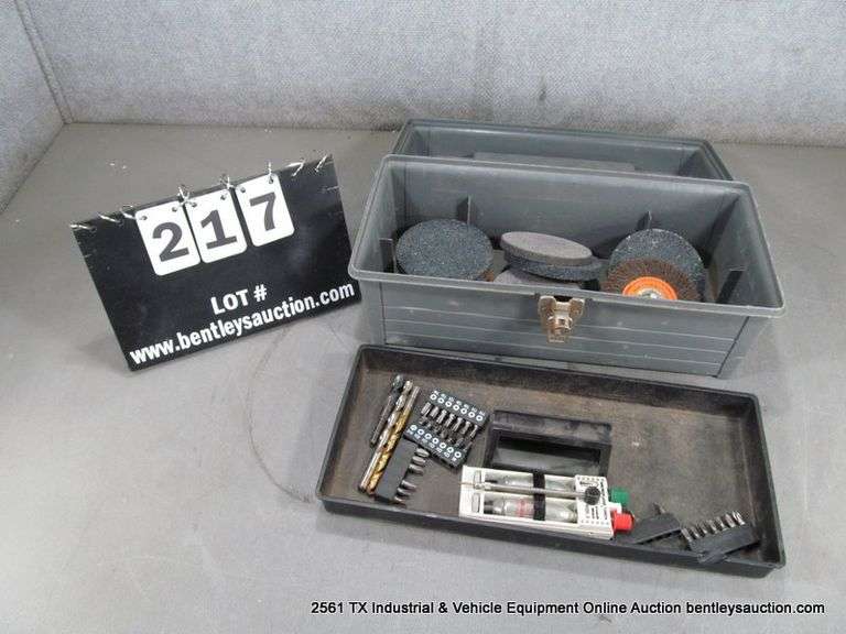 SMALL GREY TOOLBOX: DRILL BITS, SCREW BITS, MICROFLAME TORCH, WIRE ...