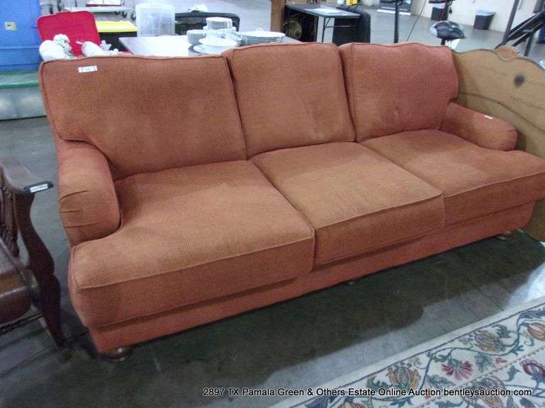 HAVERTY'S ORANGE/RED OVERSTUFFED ARM CHAIR W/ CUSHION BACK & BUN FEET ...