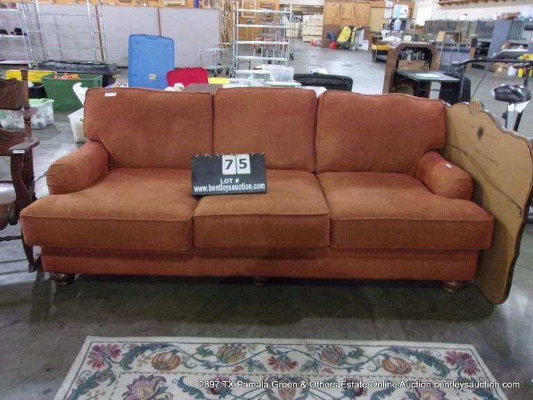 HAVERTY'S ORANGE/RED OVERSTUFFED ARM CHAIR W/ CUSHION BACK & BUN FEET ...