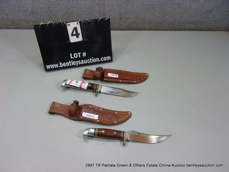 WESTERN BRANDED WOOD HANDLED HUNTING KNIVES W/ LEATHER SHEATH (2X MONEY ...