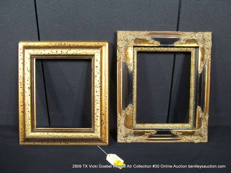 2 FRAMES: 1-HEAVY WOODEN GOLF W/ DIVENTS, 1-STAINED & GOLD BURLED WOOD ...