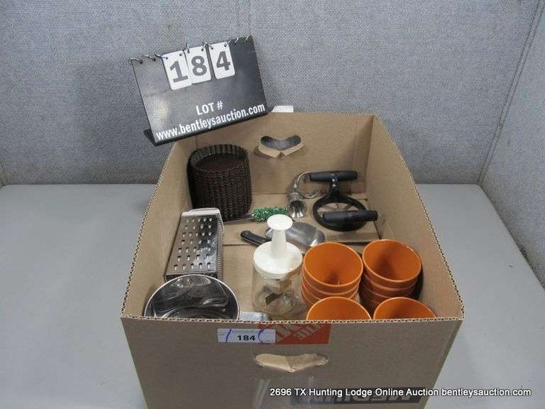 BOX: ASSORTED KITCHEN UTENSILS & PANS, FLOWER POTS - Bentley ...