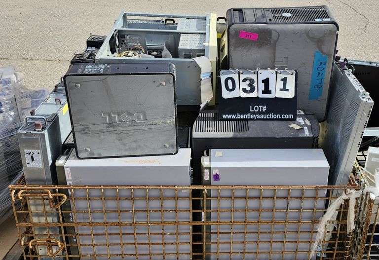 WIRE BASKET: ASSORTED COMPUTER TOWERS & BATTERY SUPPLY BACK-UPS ...