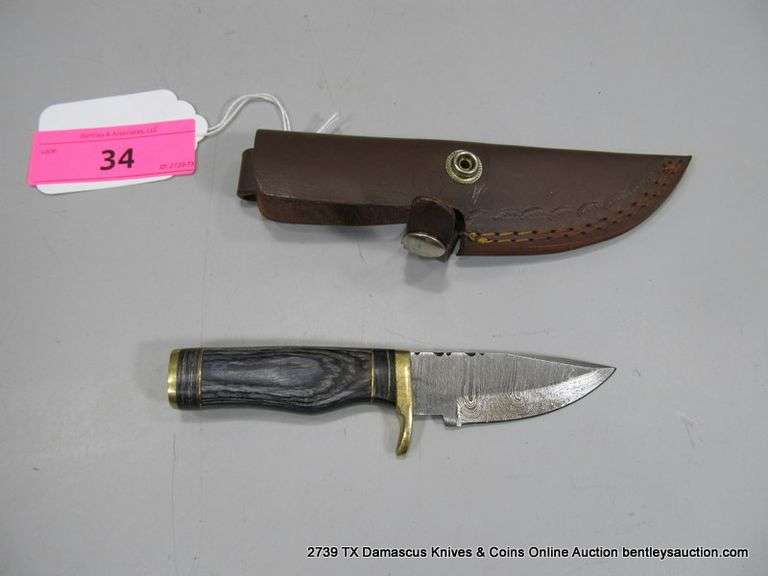 SINGLE EDGED KNIFE, 3" BLADE DAMASCUS FINISH W/ CASE - BLACK NATURAL ...