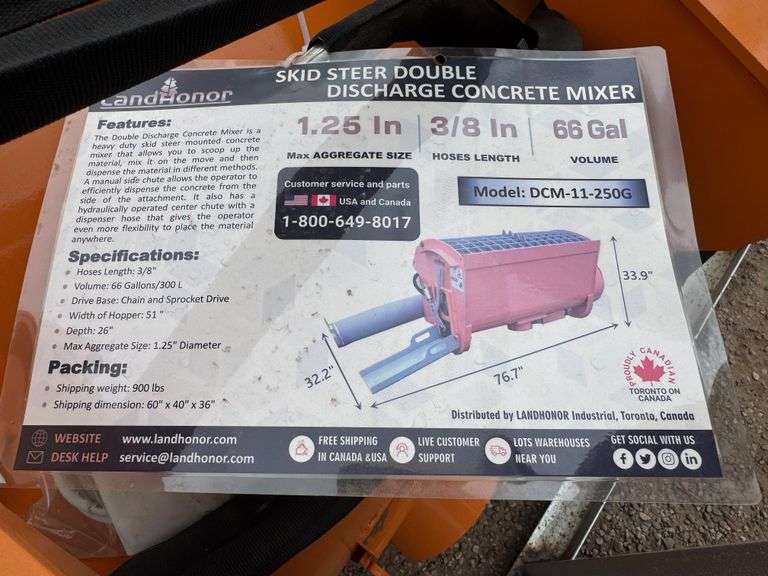 2024 LANDHONOR SKID STEER DISCHARGE CEMENT MIXER MODEL: DCM-11-250G, 66 GALLON, S/N: HL-01531 ...
