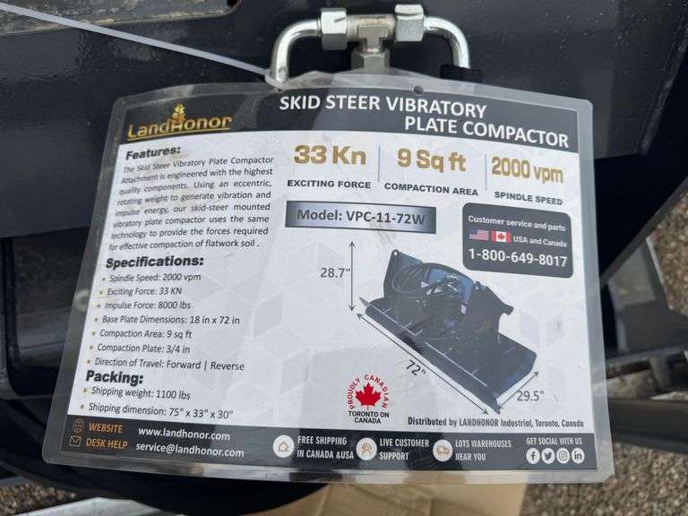 2024 LANDHONOR SKID STEER VIBRATORY PLATE COMPACTOR MODEL: VPC-11-72W ...