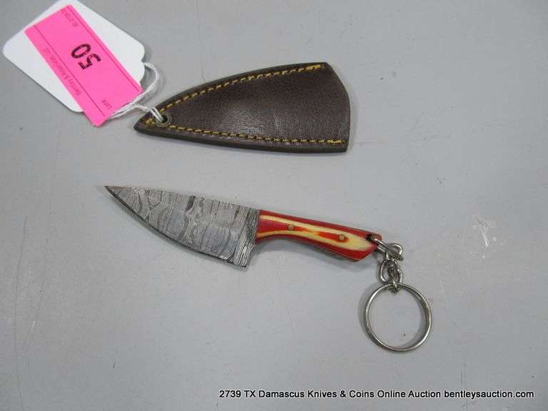 SINGLE EDGE KNIFE, 2" BLADE DAMASCUS FINISH W/ SHEATH - KEYCHAIN RED ...