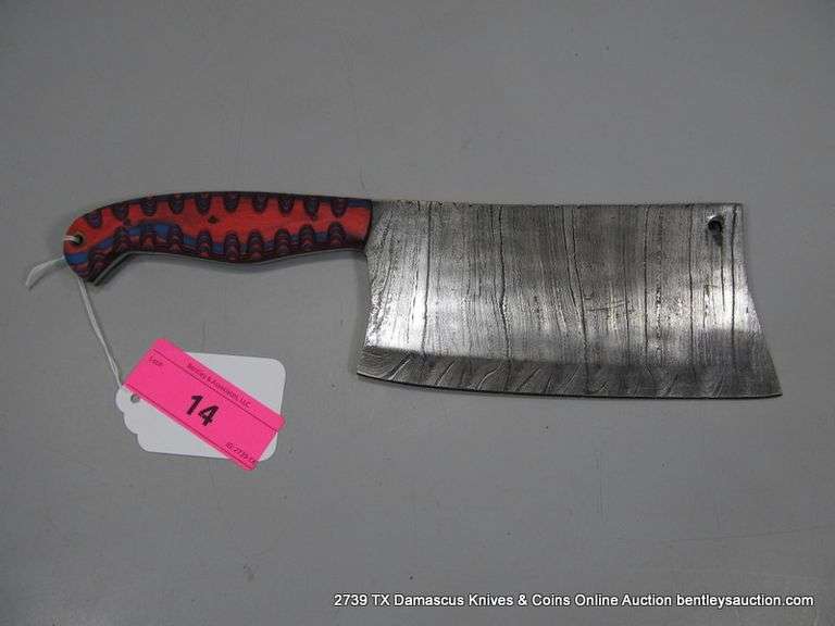 MEAT CLEAVER, 7" BLADE DAMASCUS FINISH W/OUT SHEATH - RED & BLUE ...