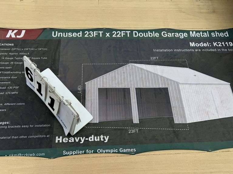 2025 KJ DOUBLE GARAGE METAL SHED MODEL: K-2119, 23' X 22', S/N: KJ ...