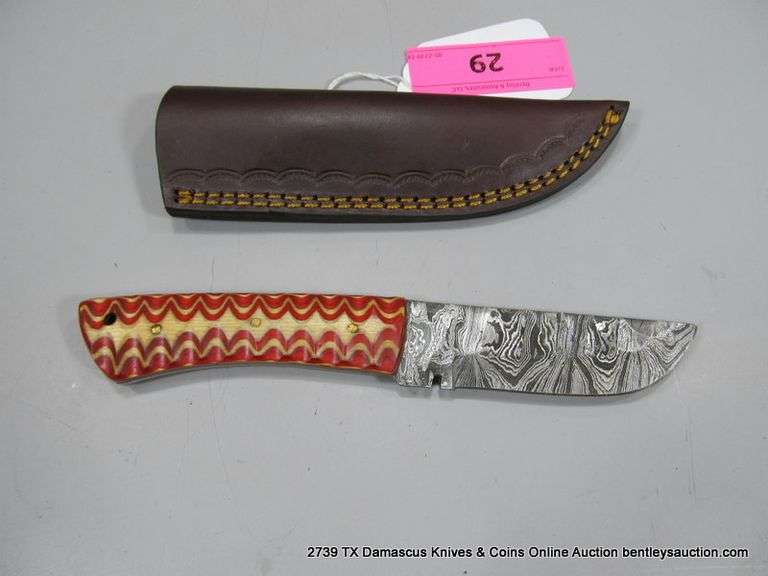 SINGLE EDGED KNIFE, 4" BLADE DAMASCUS FINISH W/ SHEATH - RED & NATURAL ...