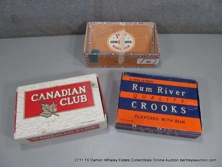 LOT: (3) ANTIQUE CIGAR BOXES - PACIFIC COAST MONOGRAM, CANADIAN CLUB ...
