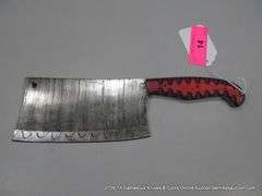MEAT CLEAVER, 7" BLADE DAMASCUS FINISH W/OUT SHEATH - RED & BLUE ...