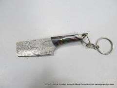 SINGLE EDGE KNIFE, 2" BLADE DAMASCUS FINISH KEYCHAIN & SHEATH - GREEN ...