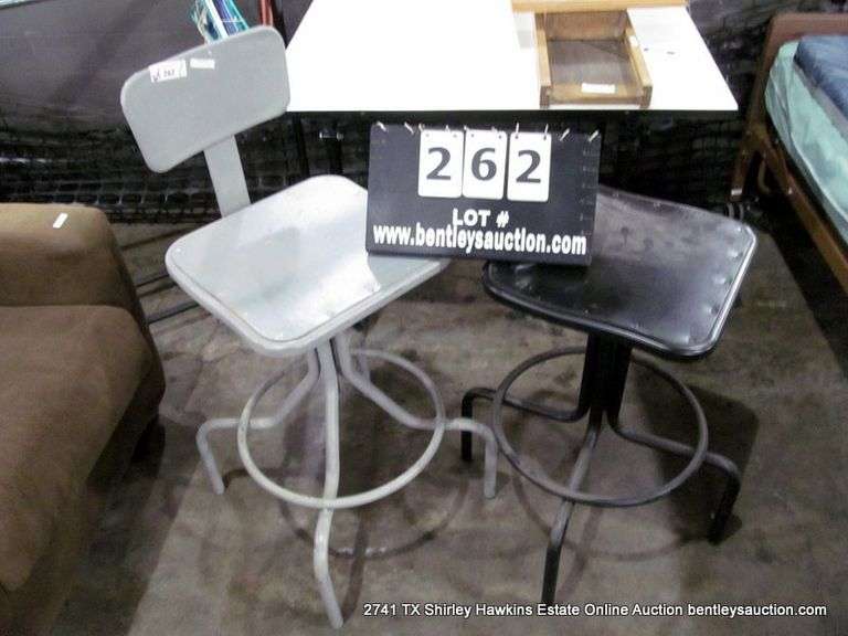 GREY PAINTED METAL STOOL/CHAIR, 39" & BLACK PAINTED METAL STOOL, 27 ...