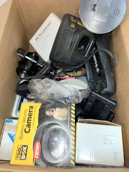 BOX: MISC ITEMS - DUMMY SECURITY CAMERA, DEWALT CHARGER, RAIL ...