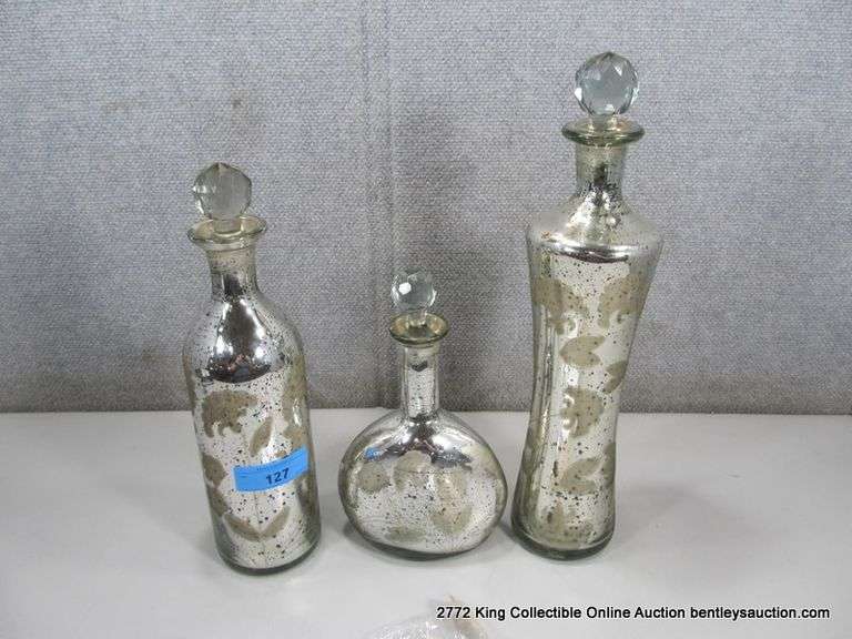 SET OF 3 ETCHED MERCURY GLASS BOTTLES WITH GLASS STOPPERS FEATURING ...