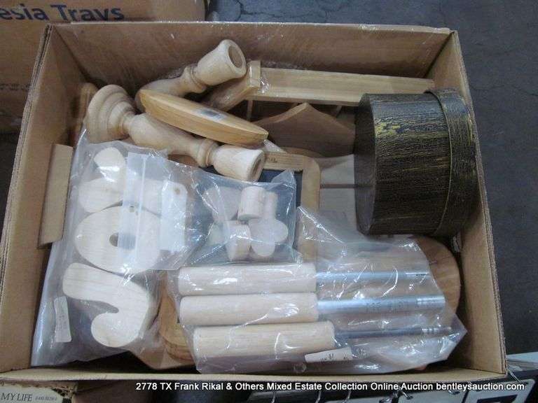 BOX - ASSORTED RAW WOOD CRAFTS & SUPPLIES - Bentley & Associates, LLC