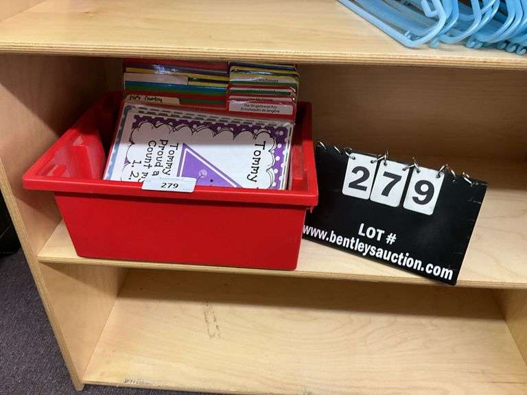 RED PLASTIC TUB W/ FILE FOLDERS OF CHILDREN'S STORYBOOK ACTIVITIES ...