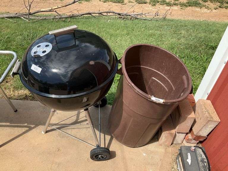 LOT: WEBER BLACK DOME OUTDOOR CHARCOAL GRILL, BROWN POLY TRASH BIN ...