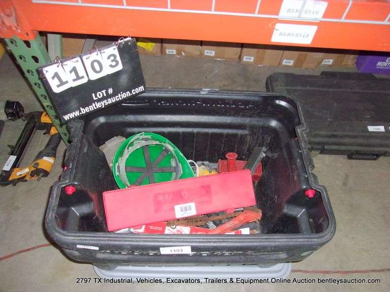 RUBBERMAID ACTION PACKER STORAGE TOTE: HARD HAT, TOOLS, PIPE CLAMPS ...