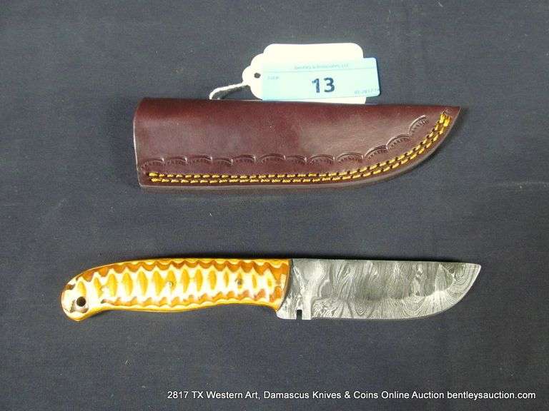 KNIFE: 3 3/4" BLADE, DAMASCUS FINISH, YELLOW & WHITE HANDLE W/ SHEATH ...