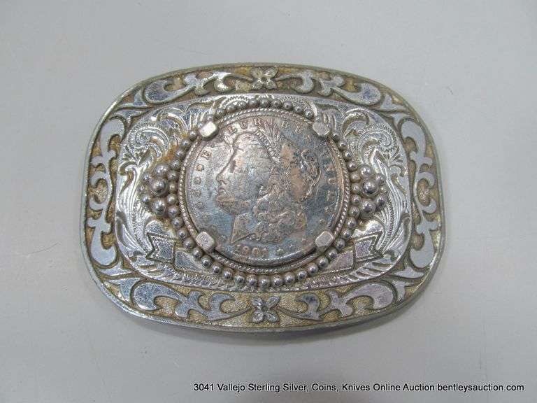 WESTERN DESIGN CHROME PLATED BELT BUCKLE W/ 1901 MORGAN SILVER DOLLAR ...