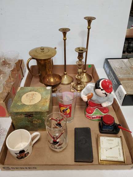 Brass candlesticks, Olive Oyl collector drinking glass, Ohio State ...