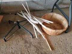 Christmas tree stand, baby crib canopy frame, and quarter bushel basket ...